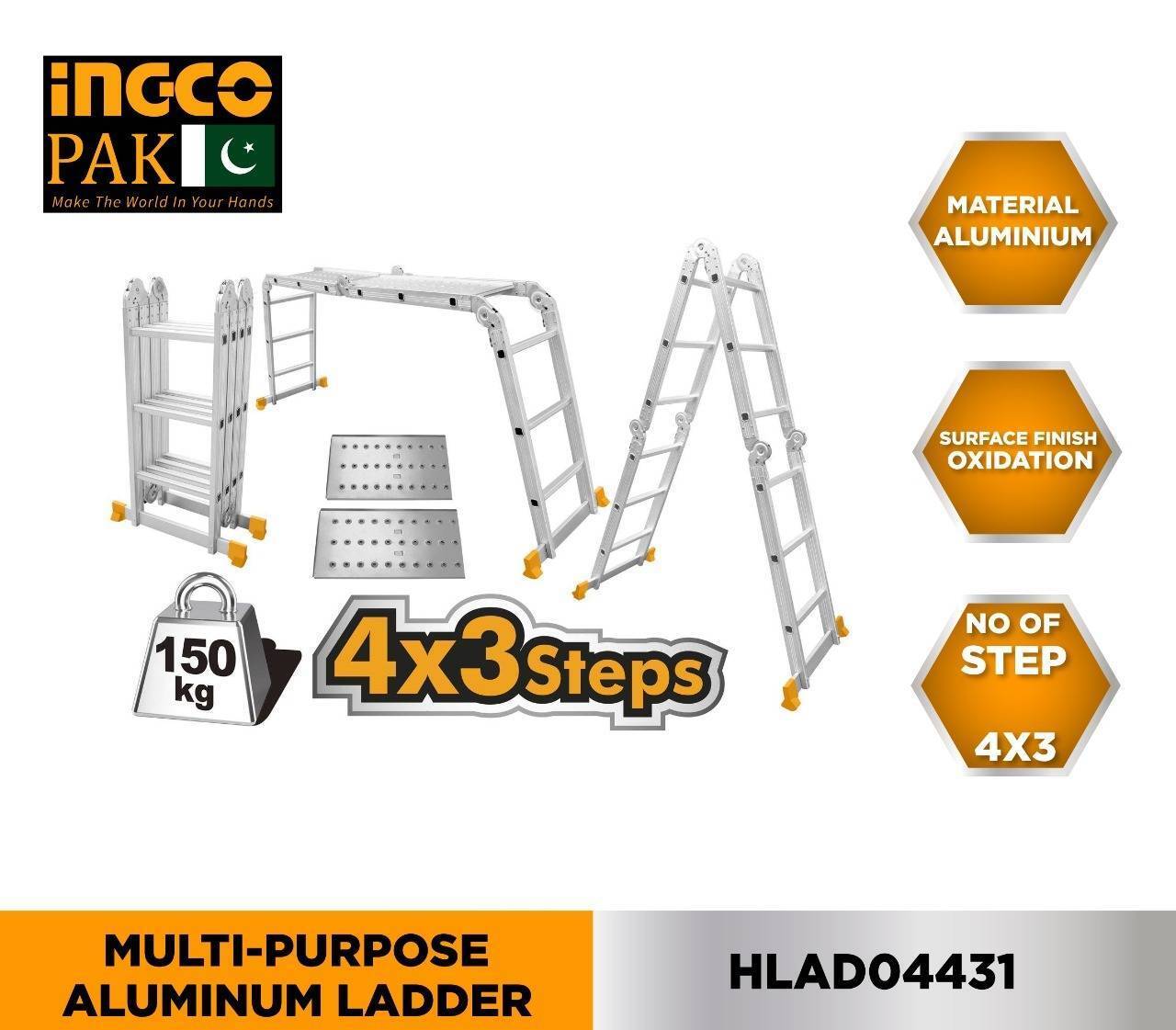 INGCO Multi Purpose 11 Foot Aluminum Ladder - Leyjao.pk